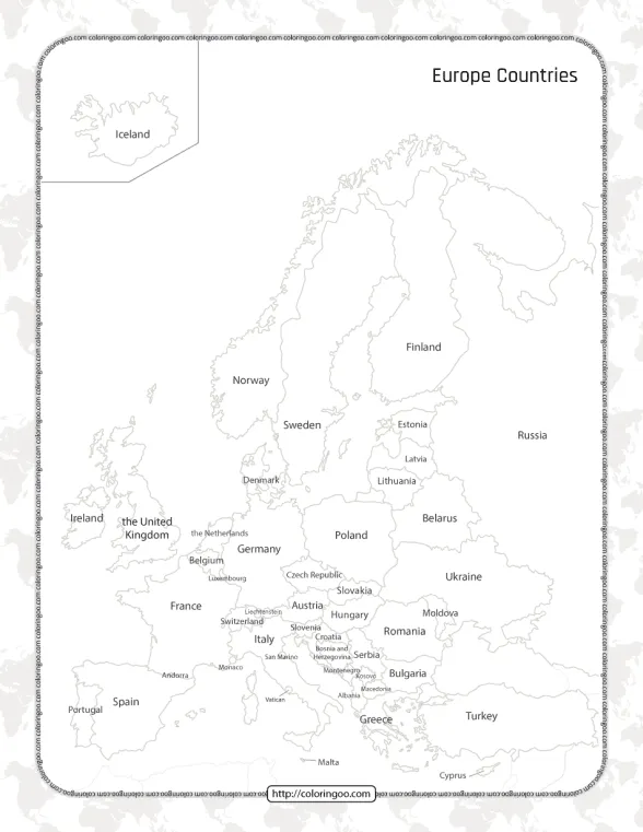 Printable Map of the Europe Countries Worksheet