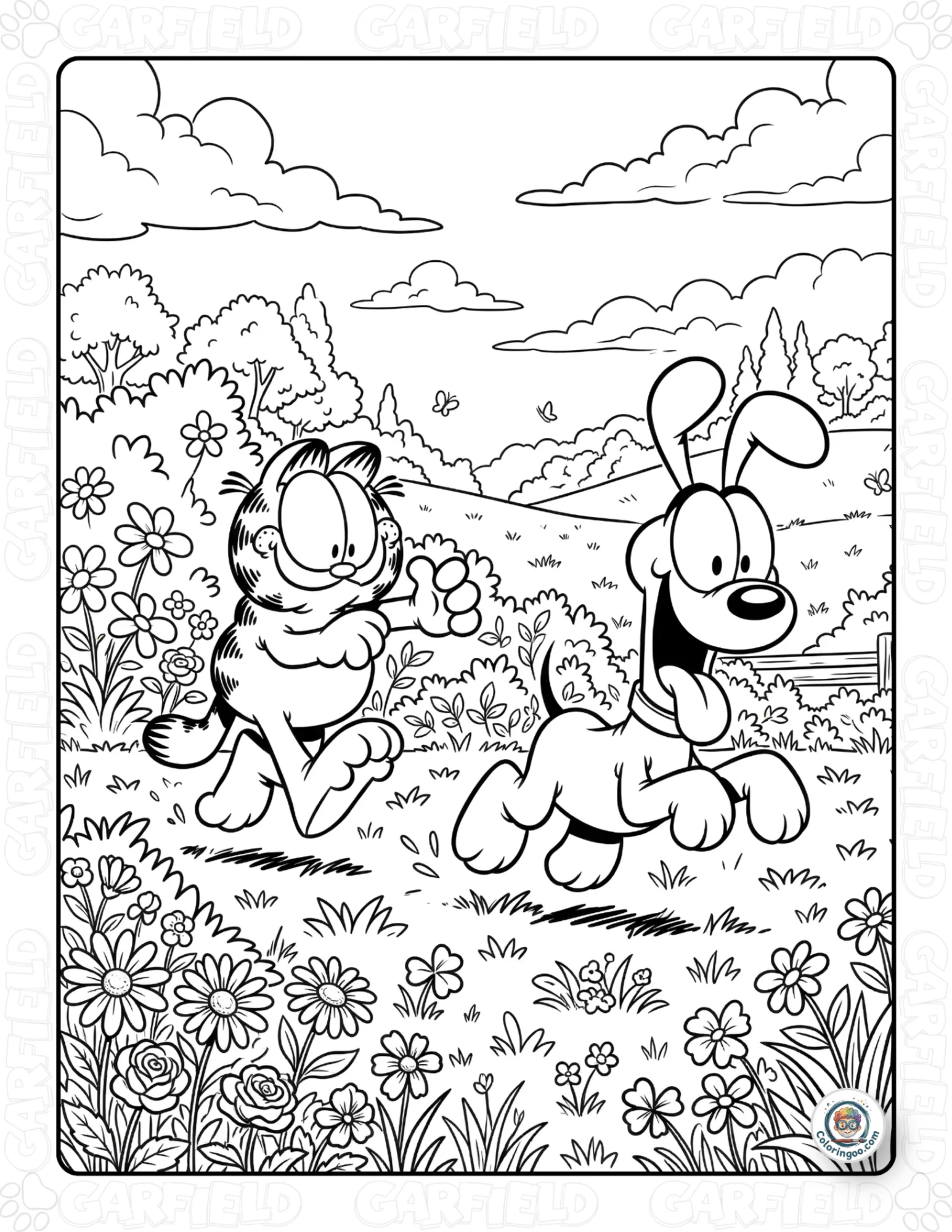 Garfield and Odie Playing Coloring Page