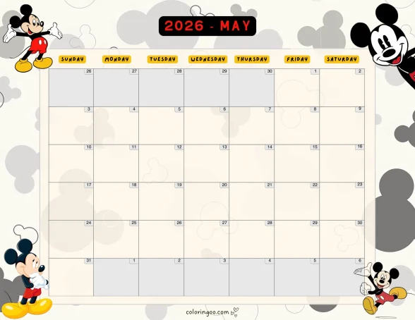 Mickey Mouse Calendar 2026 May Letter