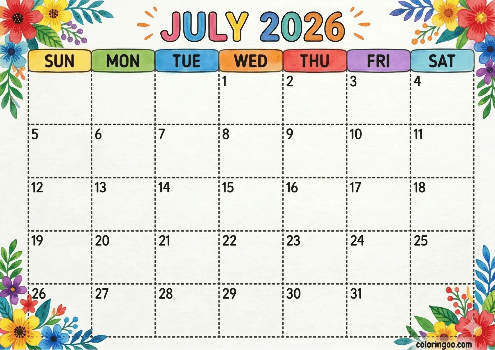 Printable 2026 July Calendar